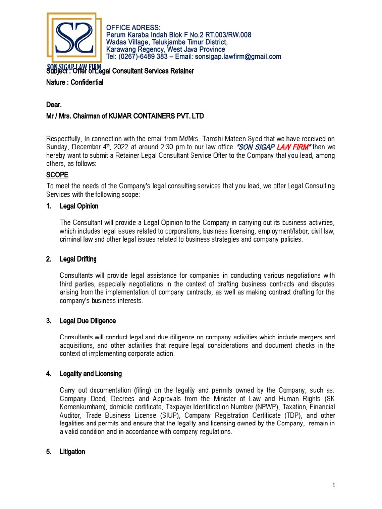 Offer of Legal Consultant Services Retainer | PDF | Business | Finance ...