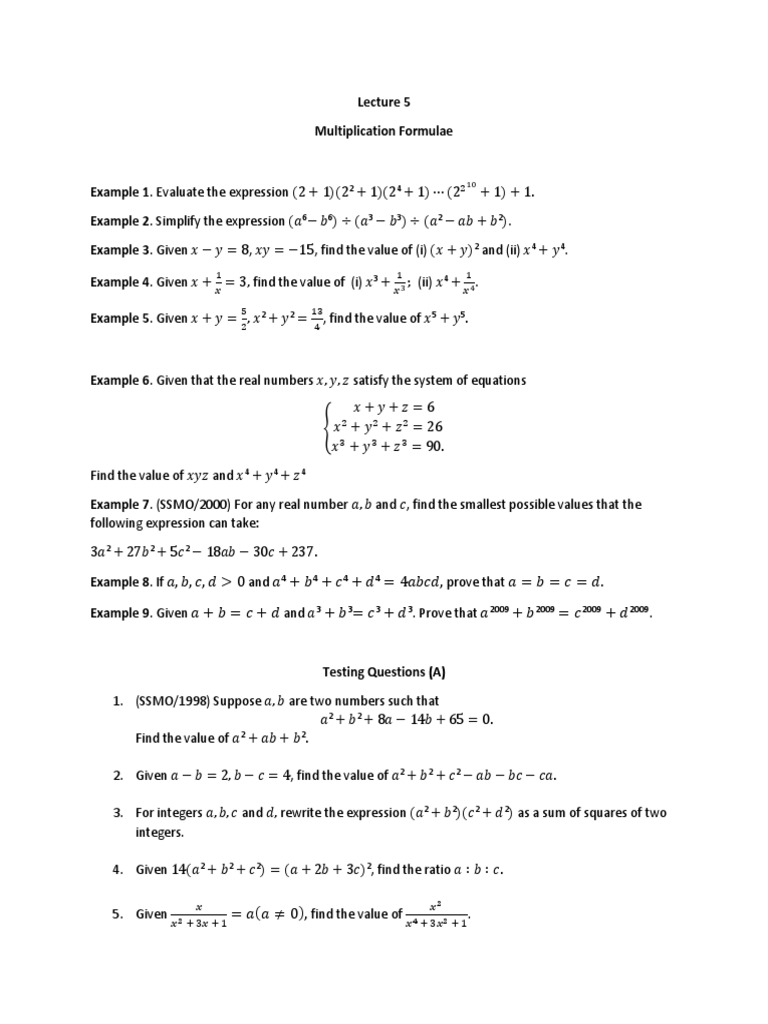 (Lecture 5) Multiplication Formulae-2 | PDF | Ratio | Abstract Algebra