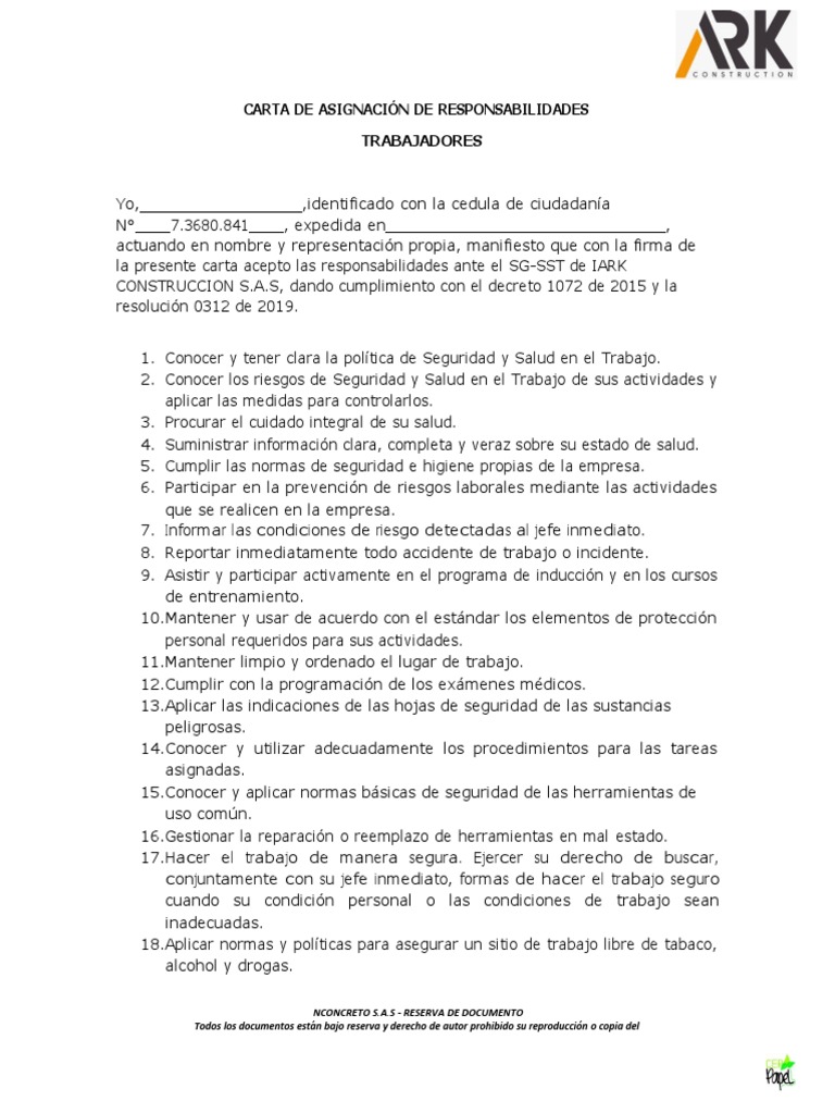 Carta de Asignacion SG-SST | PDF | Seguridad y salud ocupacional