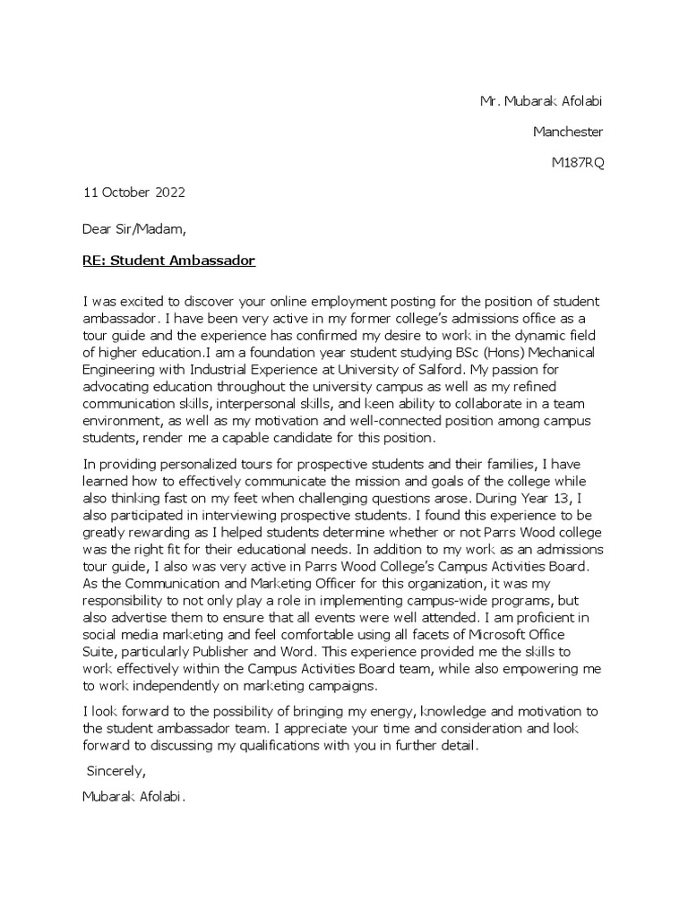 Mubarak's Student Ambassador Cover Letter | PDF
