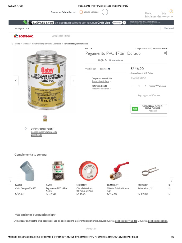 Pegamento PVC 473ml Dorado - Sodimac Perú | PDF