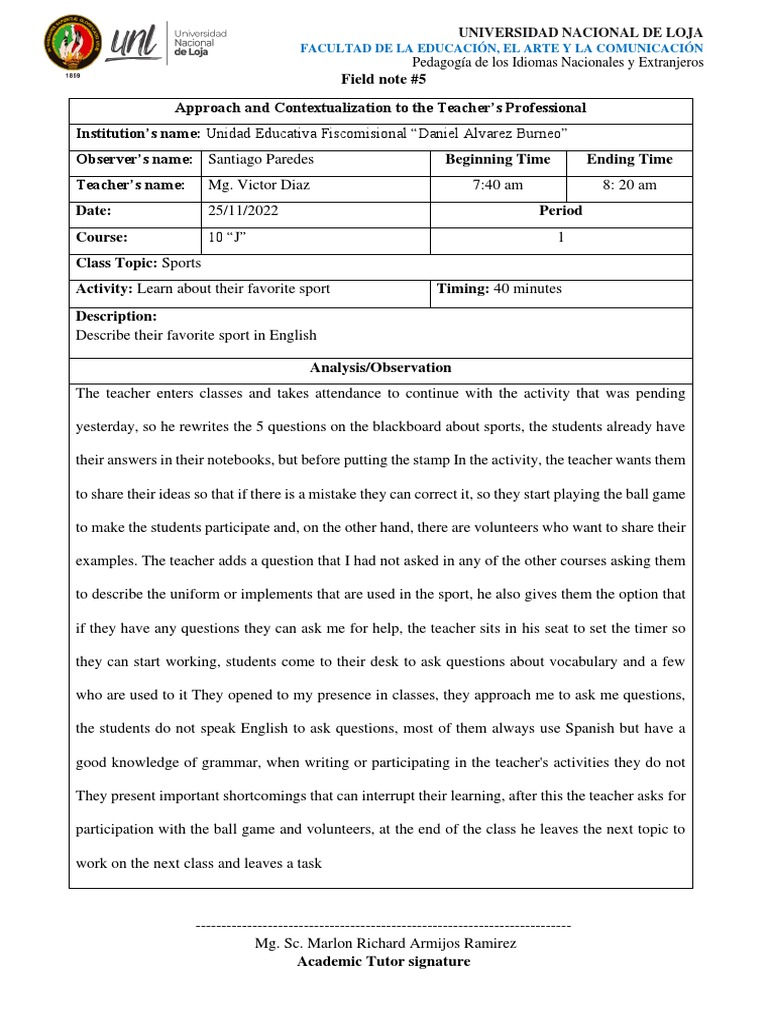 Teacher Observation: Sports Class Analysis | PDF