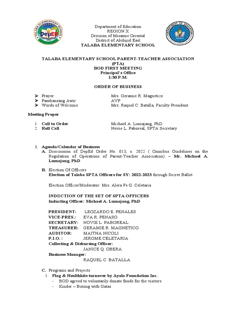 Talaba Elementary PTA BOD Meeting Agenda | PDF | The United States ...