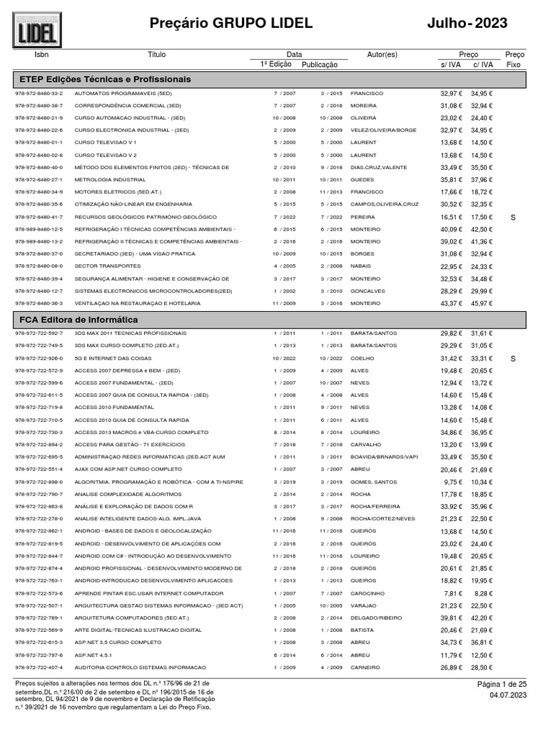 Preçário Grupo Lidel Julho 2023 | PDF | Desenvolvimento de software ...