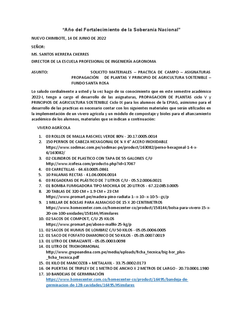 Solicitud de Materiales de Infraestructura - Vivero-1 | PDF