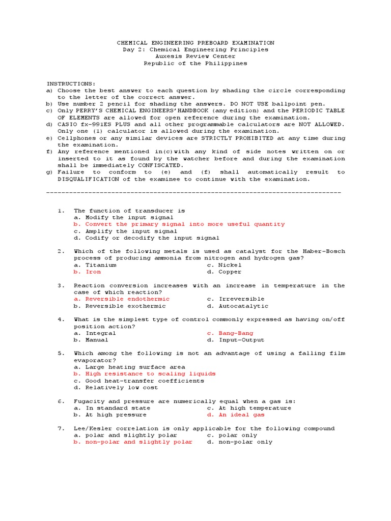 628c4fc51435e Chemical Engineering Pre Board Exam Day 2 Answer Key | PDF | Chemical Reactor | Water