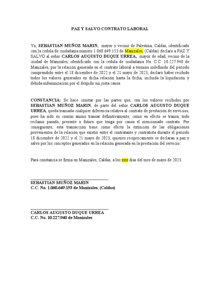 PAZ Y SALVO CONTRATO DE PRESTACION DE SERVICIOS | PDF
