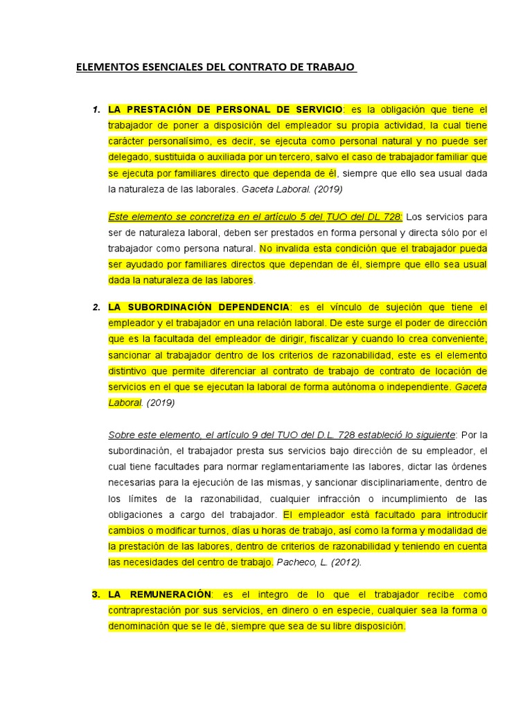 Elementos Esenciales Del Contrato de Trabajo Resaltado | PDF