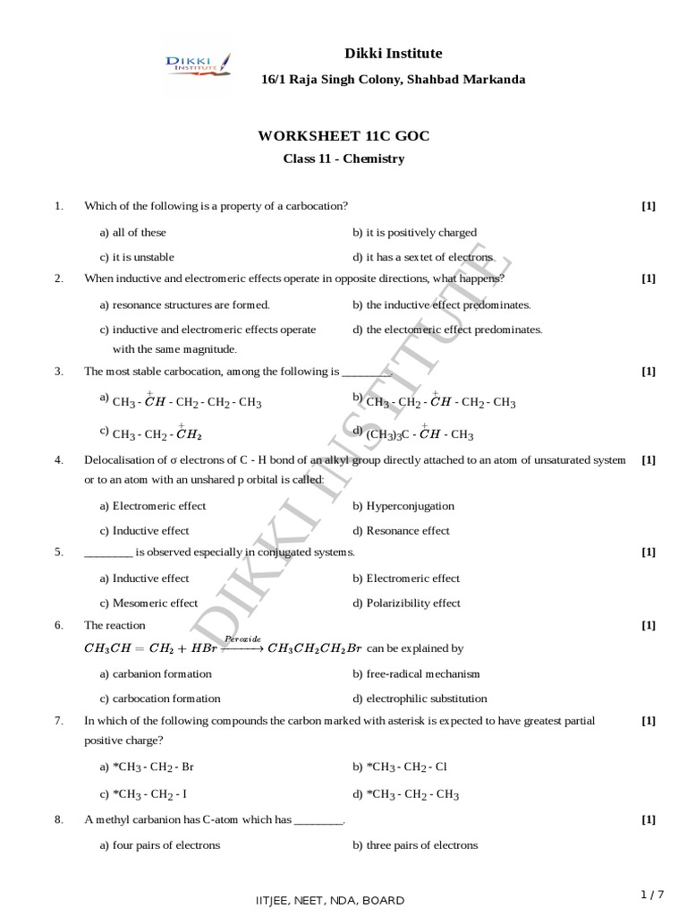 Class 11 Chemistry Worksheet on GOC | PDF