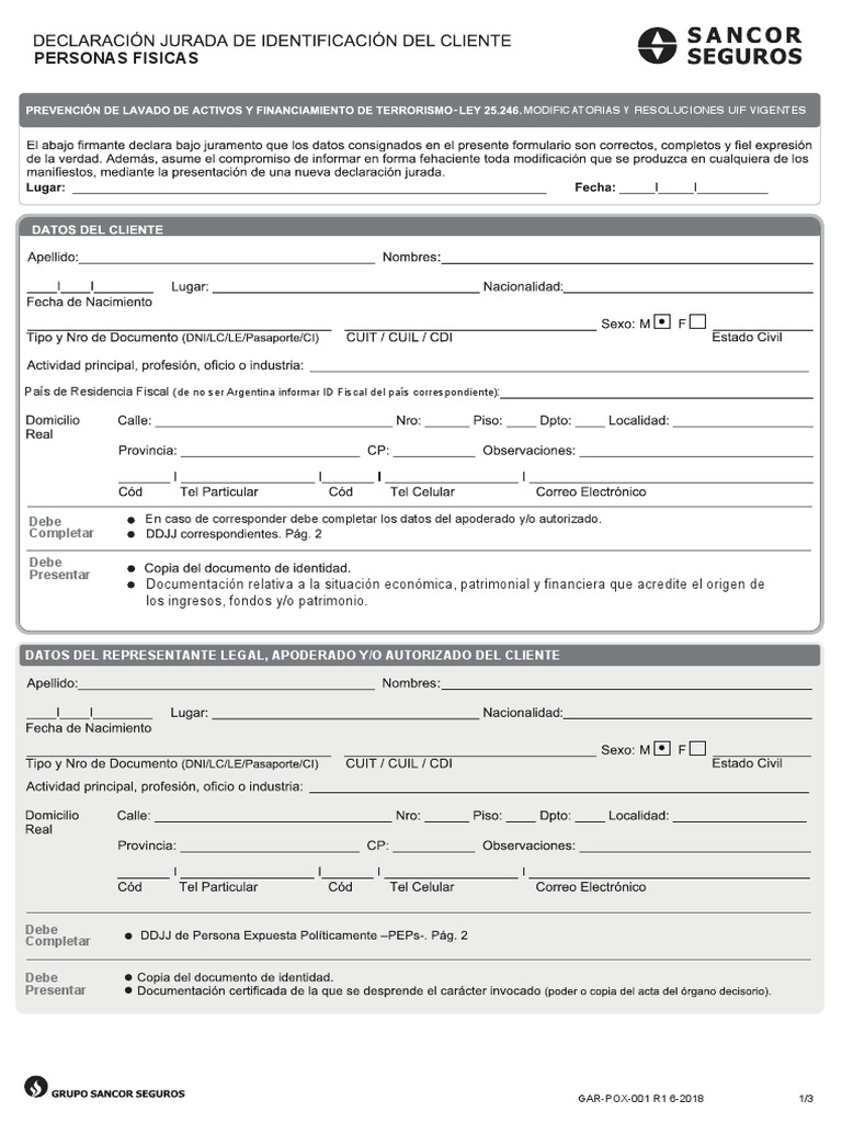 DDJJ Identif Cliente Sancor | PDF | Seguro | Estado (política)