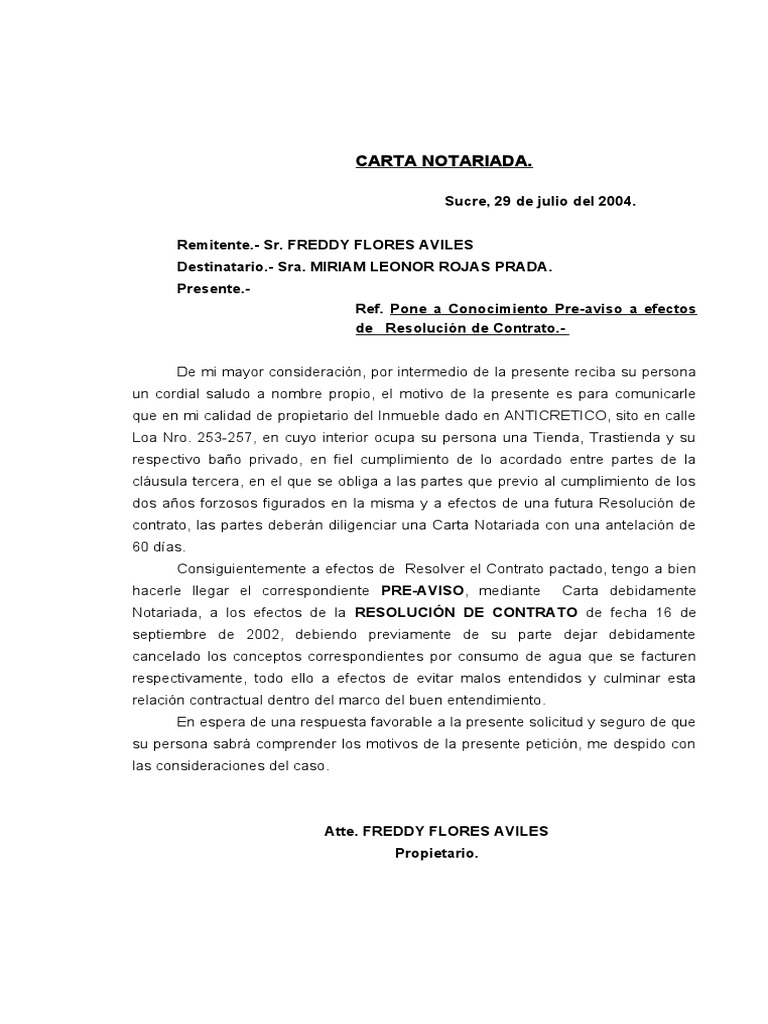 Carta Notariada para Resolucion de Contrato | PDF | Derecho