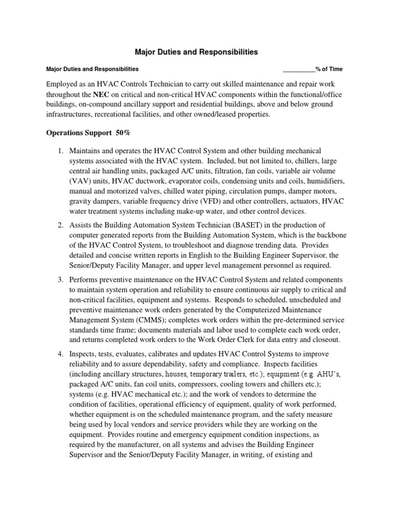 Major Duties and Responsibilities HVAC Technician | PDF | Mechanical ...
