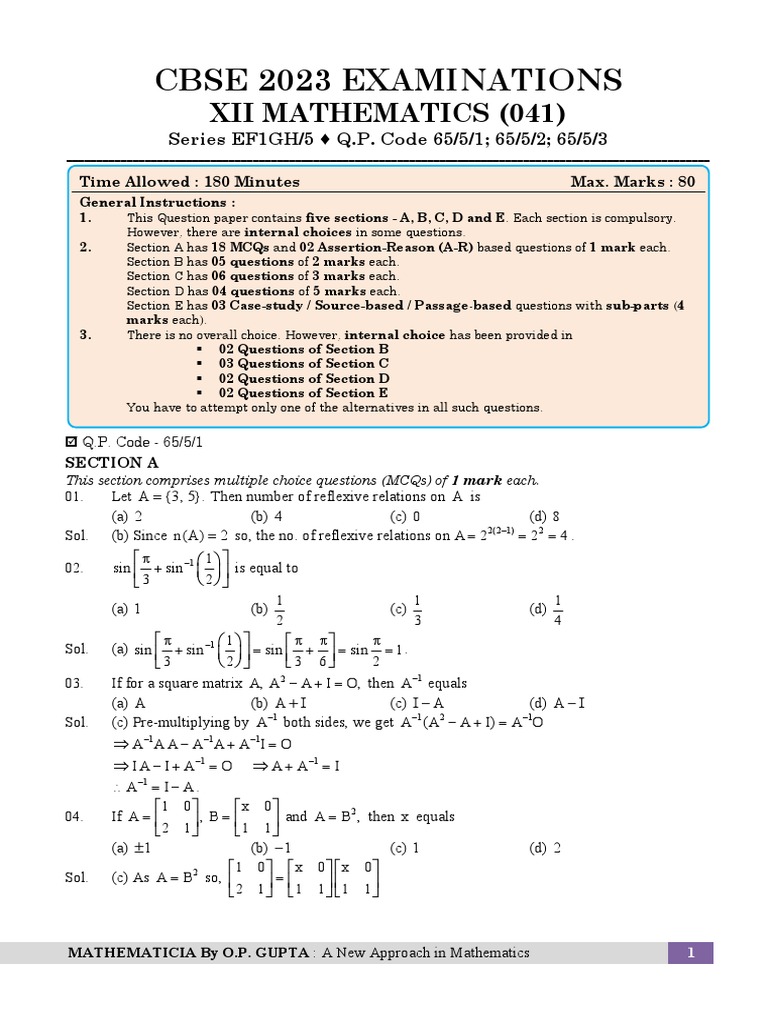 CBSE Class 12 Maths Exam Paper 2023 | PDF | Function (Mathematics ...