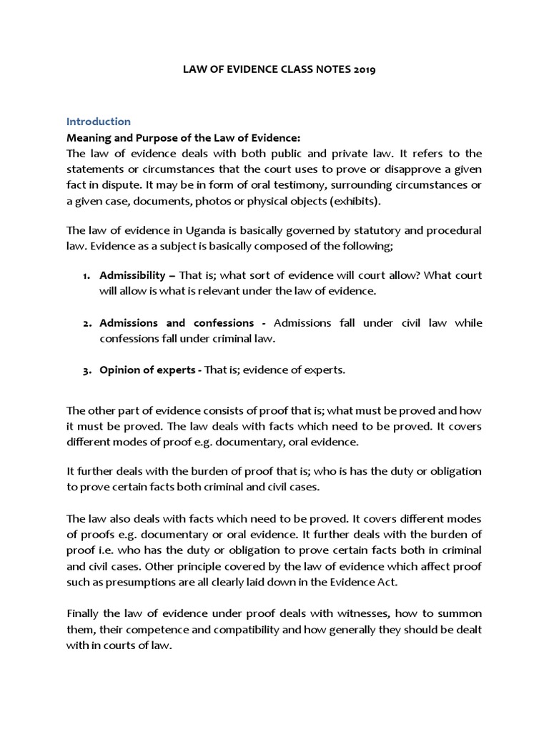 Law of Evidence Class Notes 2019 | PDF | Evidence (Law) | Hearsay