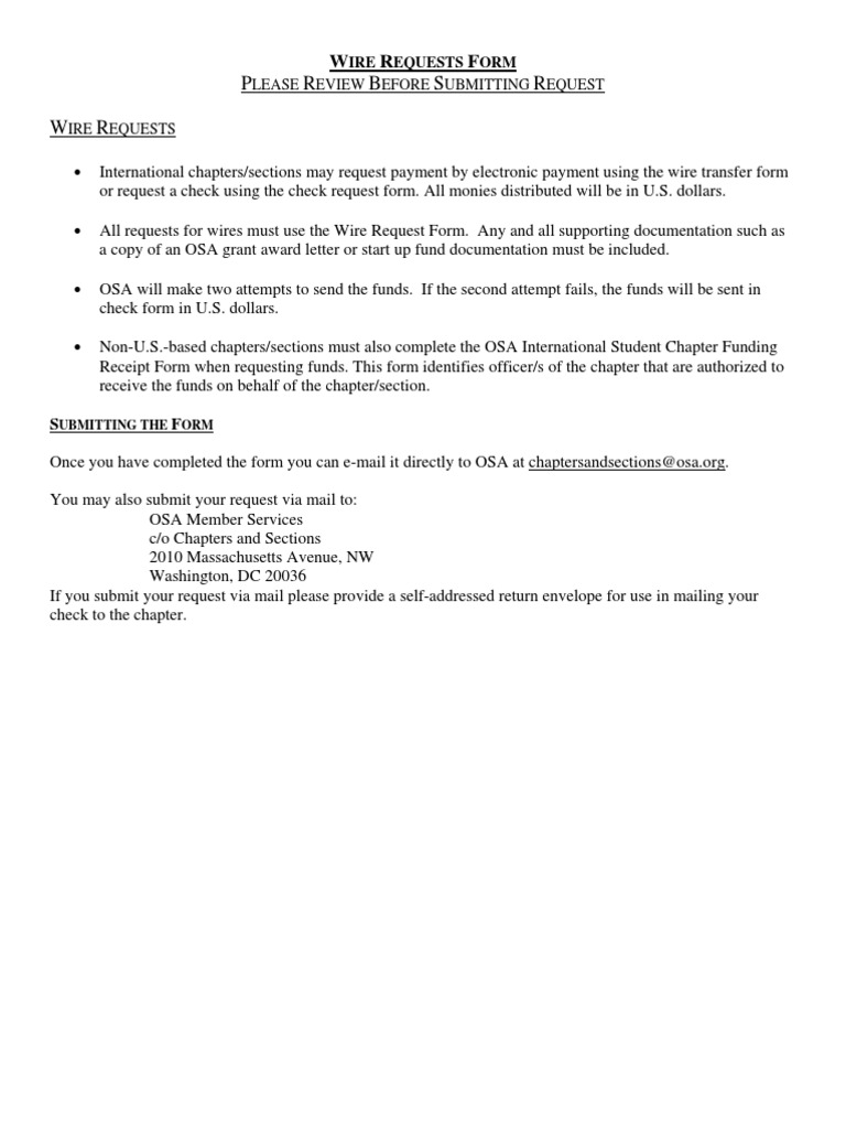 Wire Request Form | PDF | Cheque | Wire Transfer