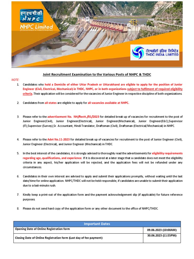 Joint Recruitment Examination To The Various Posts of NHPC & THDC | PDF ...