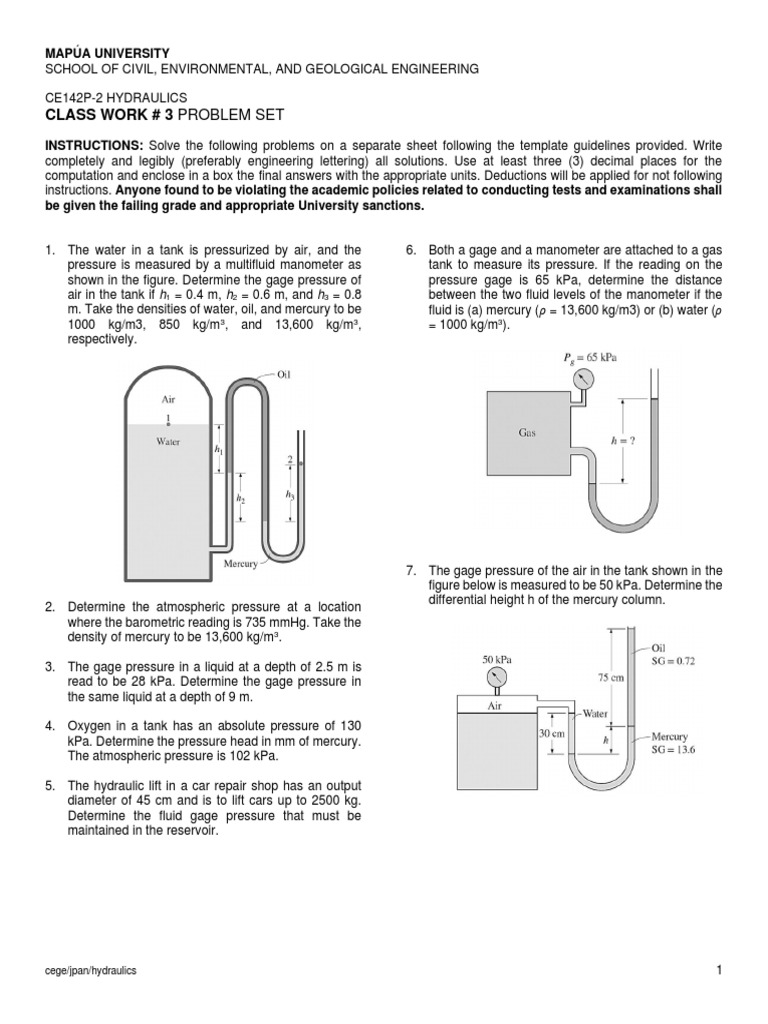 Hydraulics Problem Set for Students | PDF | Pressure Measurement | Pressure