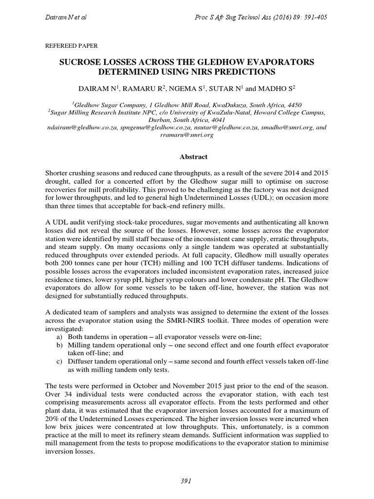 2016 - Dairam N Et Al - Sucrose Losses Across Gledhow | PDF | Sucrose ...