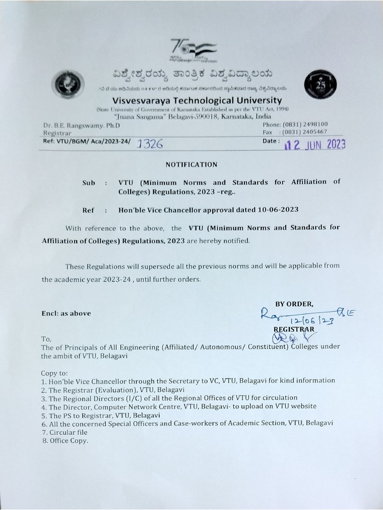 VTU Minimum Norms and Standards For Affiliation of Colleges Regulations ...
