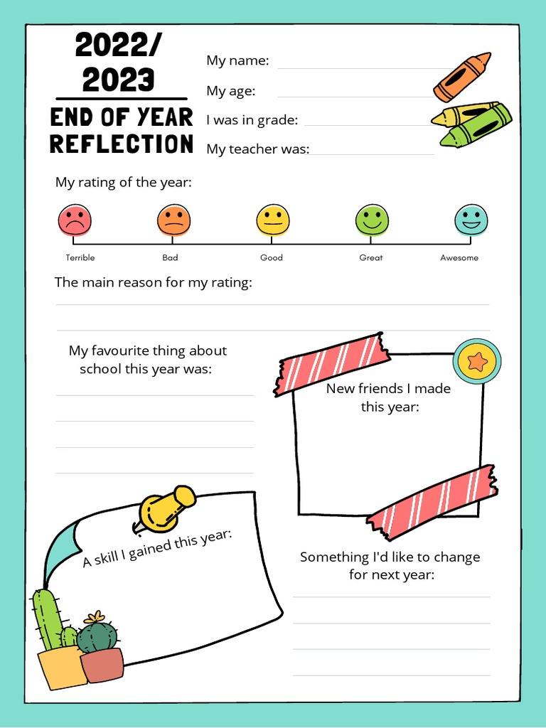 Aqua End of Year Student Reflection Worksheet | PDF