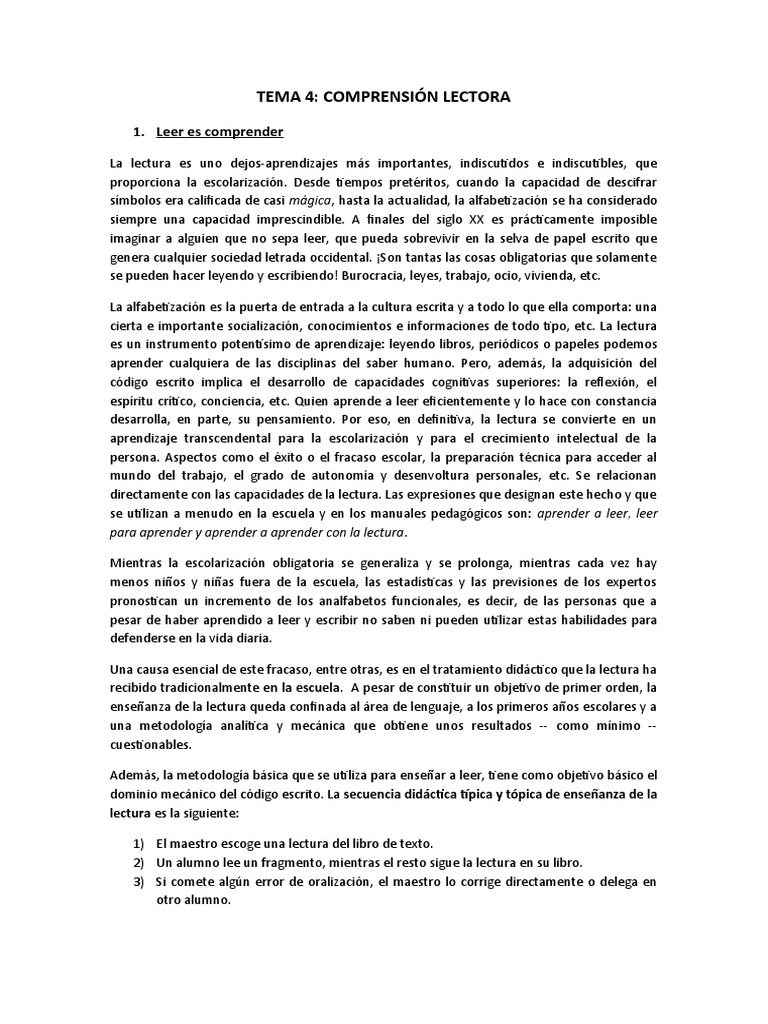 Tema 4. Comprensión Lectora | PDF