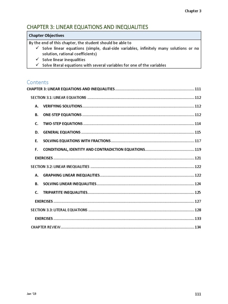 Chapter 3 - Linear Equations and Inequalities - Jan 19 | PDF | Equations | Inequality (Mathematics)