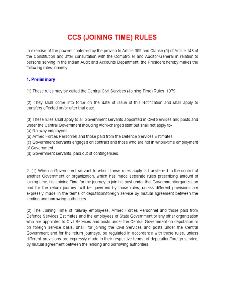 CCS Joining Time Rules 1979 | PDF | Government Of India | Civil Service