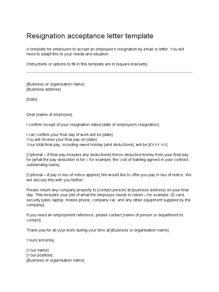 Resignation Acceptance Letter Template | PDF