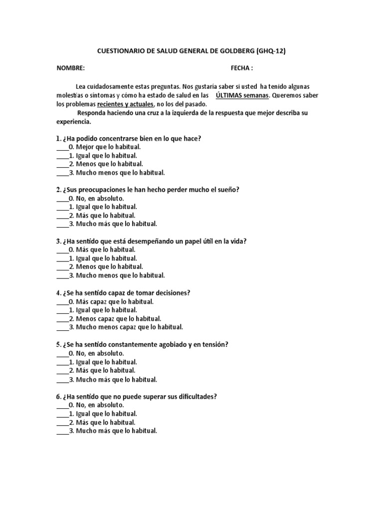 Cuestionario de Salud General Ghq-12 | PDF