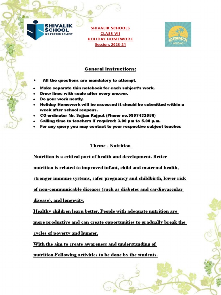 Class 7 Science Holiday Homework 2023-24 | PDF | Vitamin | Nutrition