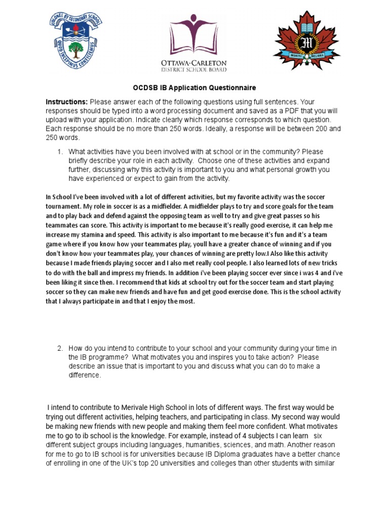 OCDSB IB Application Questionnaire 22 - 23 | PDF | Critical Thinking | Thought