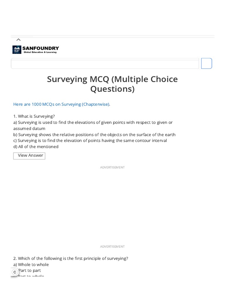 1000 Surveying MCQ (Multiple Choice Questions) - Sanfoundry | PDF