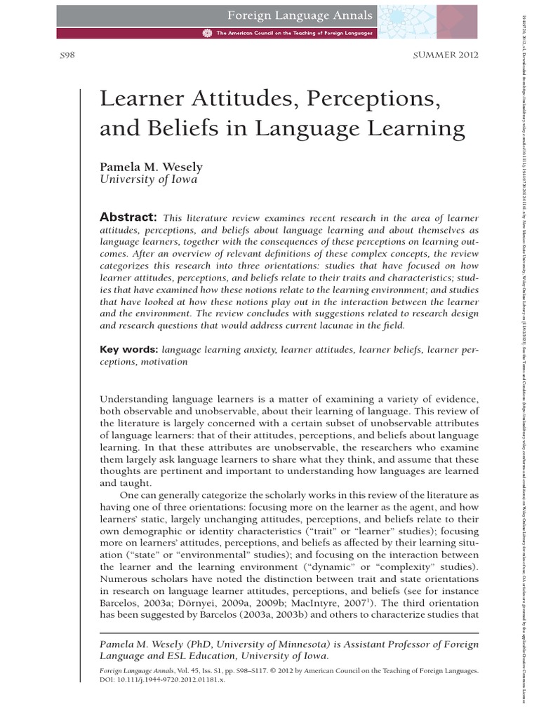 Wesely 2012 Learner Attitudes Perceptions Beliefs | PDF | Learning ...