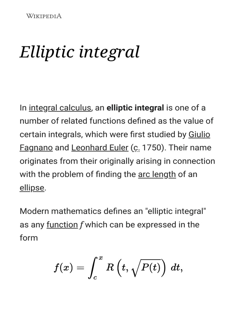 Elliptic Integral Wikipedia Pdf Combinatorics Mathematical Analysis 