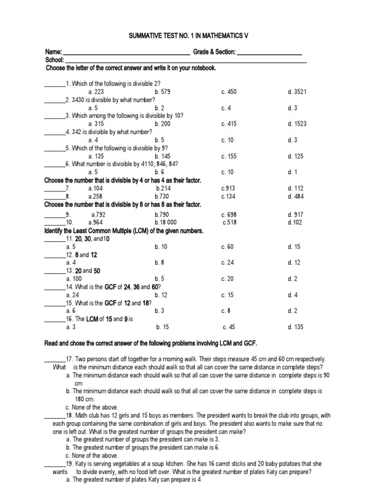 MATHEMATICS V-Summative Test | PDF | Mathematics | Arithmetic