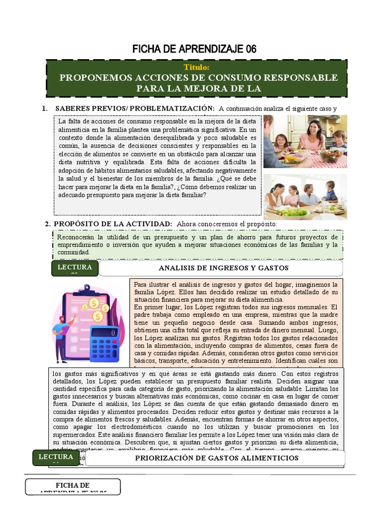 5 Ficha de Aprendizaje CCSS 5° Grado | PDF | Alimentos | Dieta
