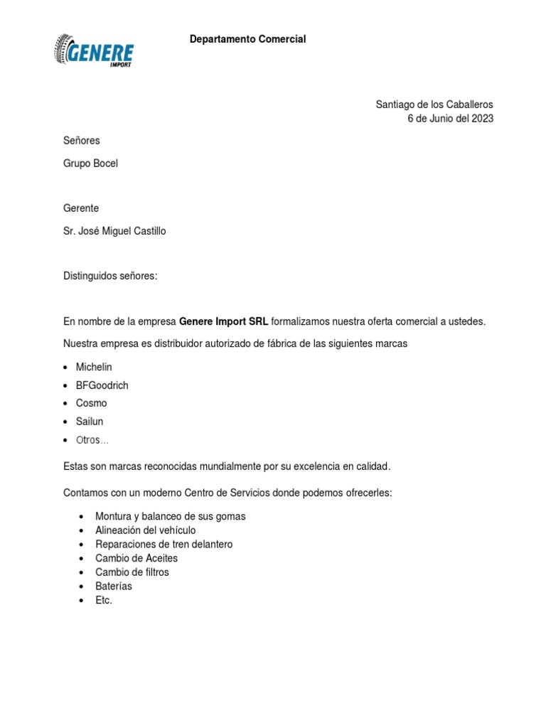 Carta de Oferta Comercial. Grupo Bocel | PDF