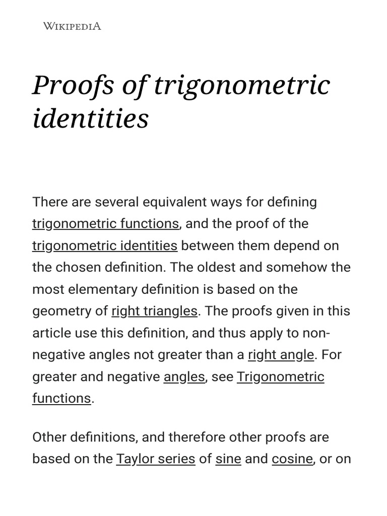 Proofs of Trigonometric Identities - Wikipedia | PDF | Trigonometric ...