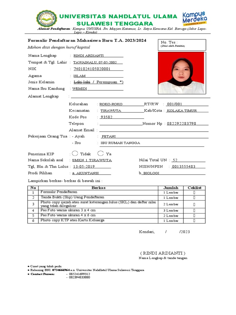 Formulir Pendaftaran Maba (Rindi Ardianti) | PDF