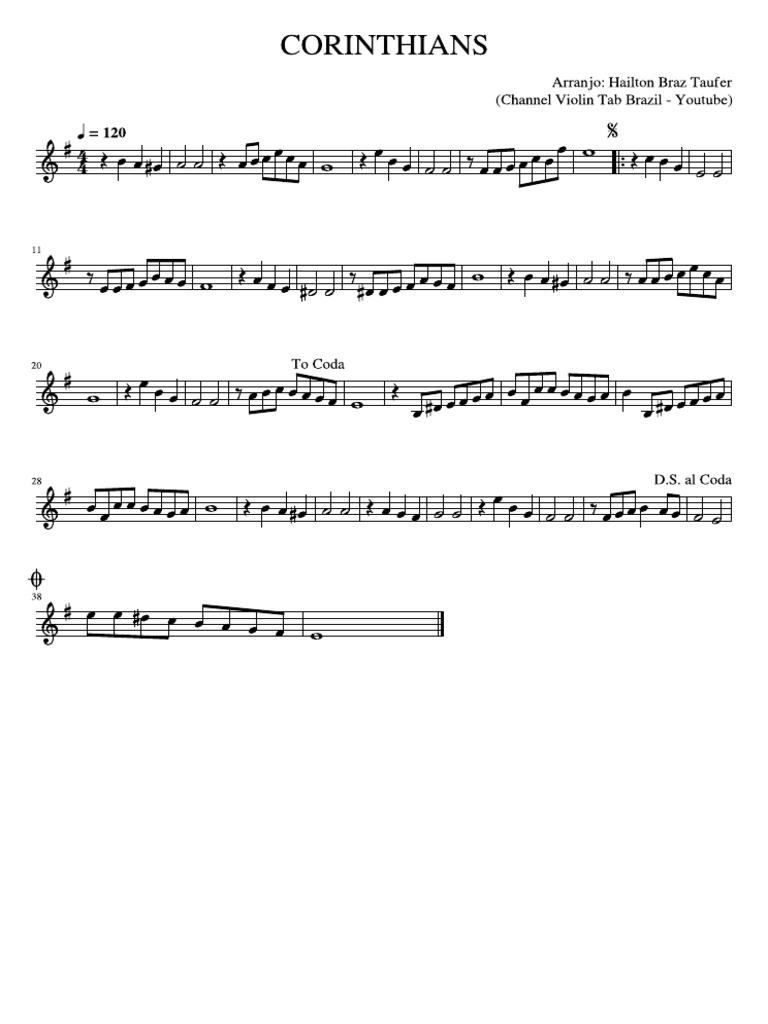 Hino Do Corinthians (Channel Violin Tab Brazil - Youtube) | PDF