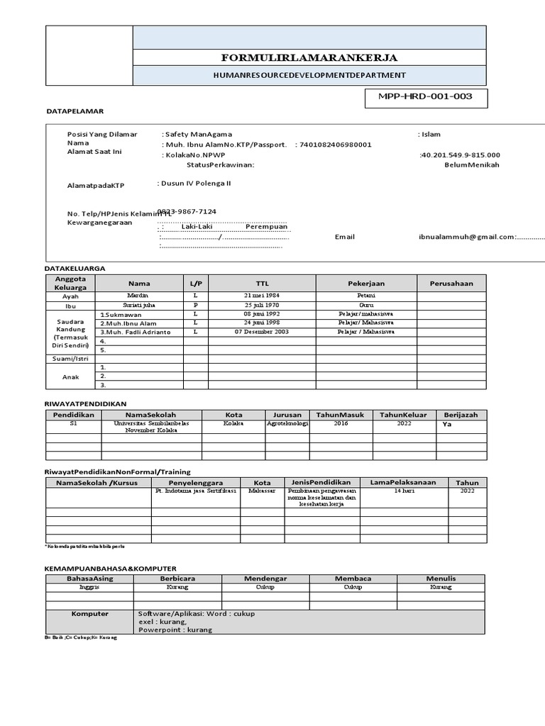 Formulir Lamaran Kerja | PDF