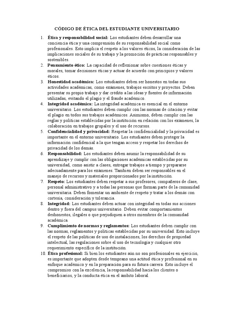 CÓDIGO DE ÉTICA DEL ESTUDIANTE UNIVERSITARIO | PDF | Pensamiento | Las emociones