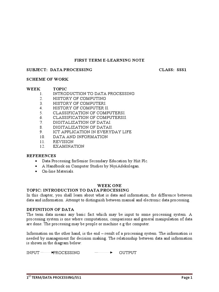 1ST Term S1 Data Processing | PDF | Microcomputers | Computer Hardware