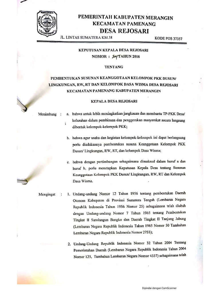 SK PKK Dusun, RW, RT, Dawis Ds. Rejo Sari | PDF