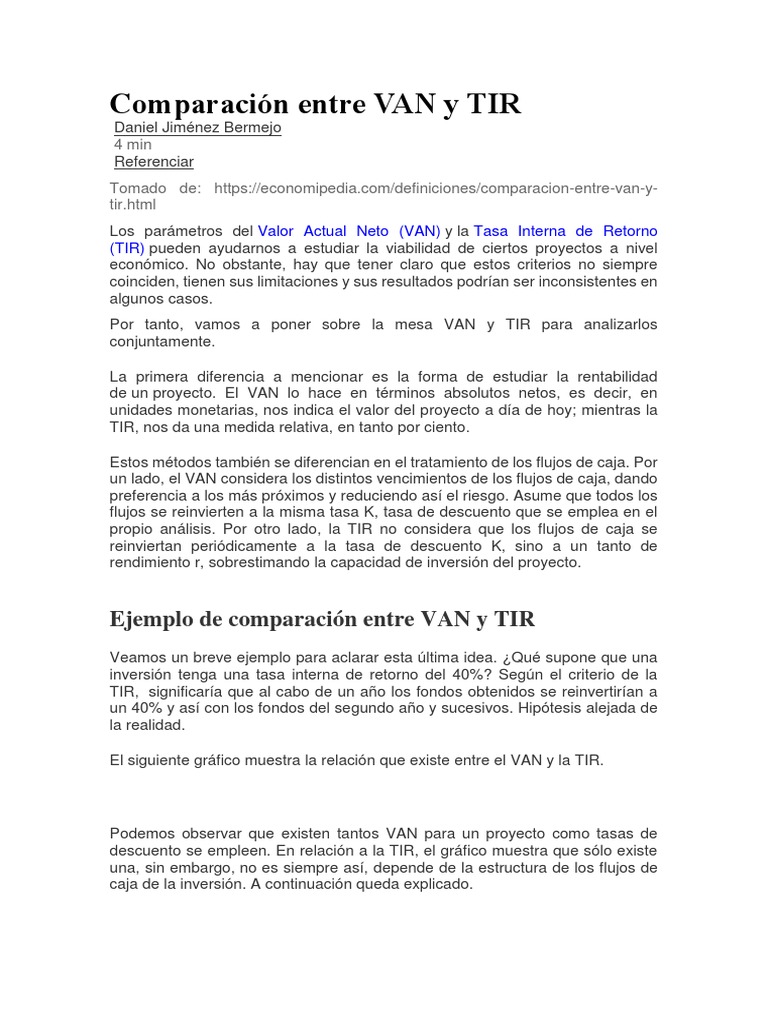 Comparación Entre VAN y TIR | PDF | Tasa interna de retorno | Economias