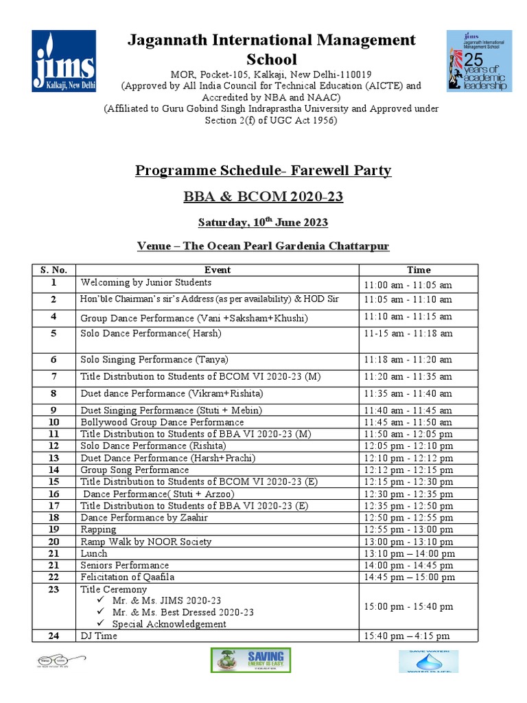 Farewell Schedule | PDF | Educational Stages | Higher Education