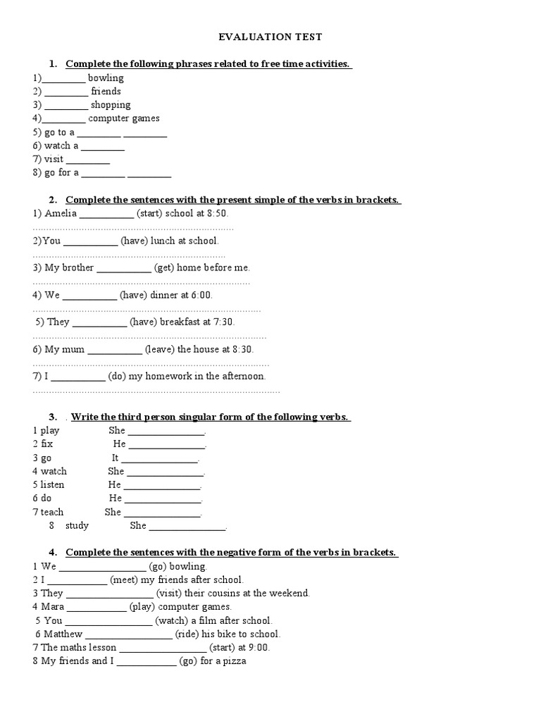 EVALUATION TEST V Present Simple | PDF | Linguistics | Language Families