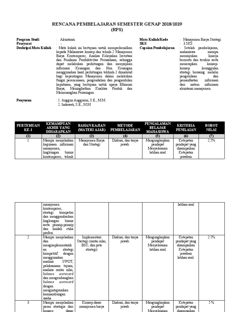 RPS - Manajemen Strategi Biaya - Terbaru | PDF