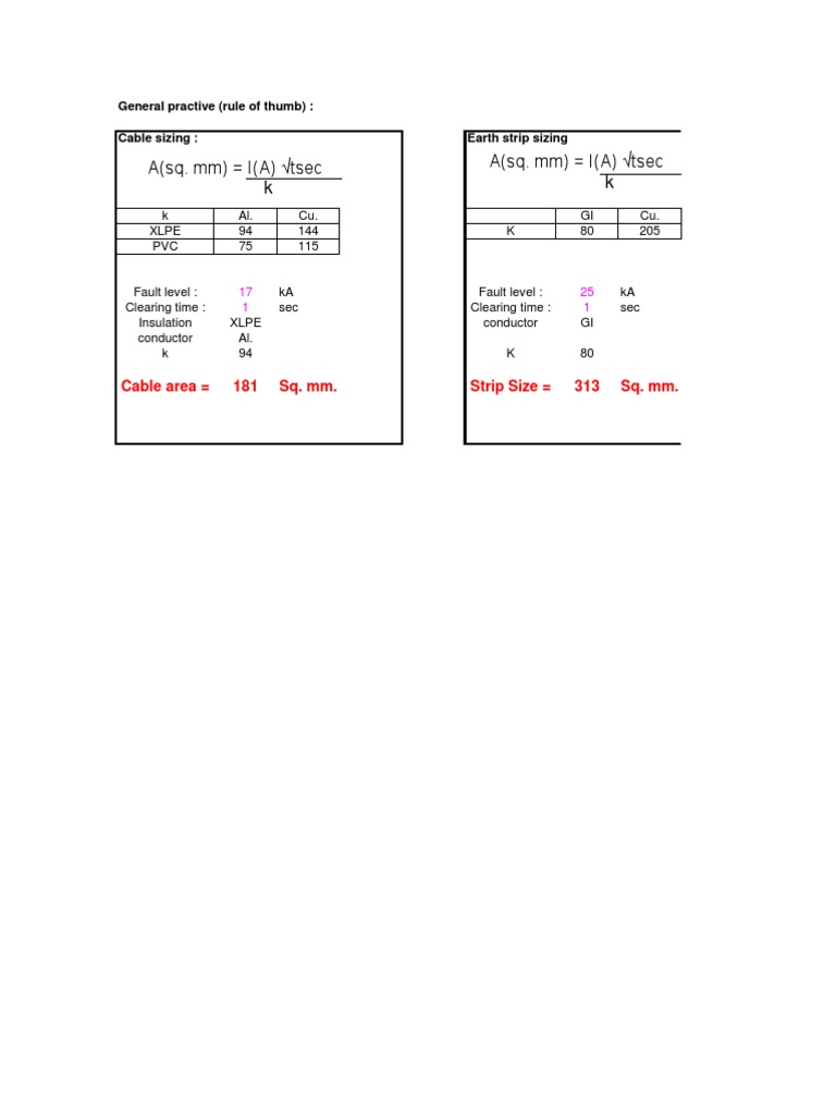 Cable & Earthing Sizing Thumbrule Calculation Excel Spreadsheet | PDF