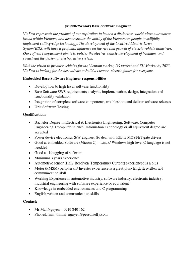 JD - Platform Sensor NW BSW Engineer - Vinfast | PDF